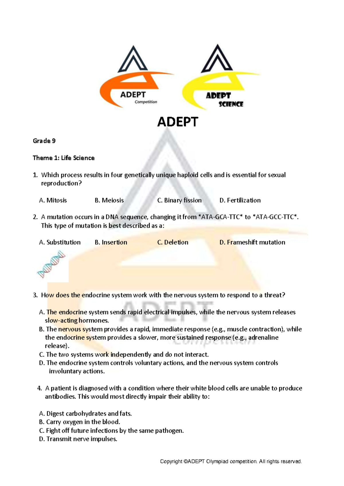 ADEPT Grade 9 Science Global Round: Life, Physical & Earth Science ...