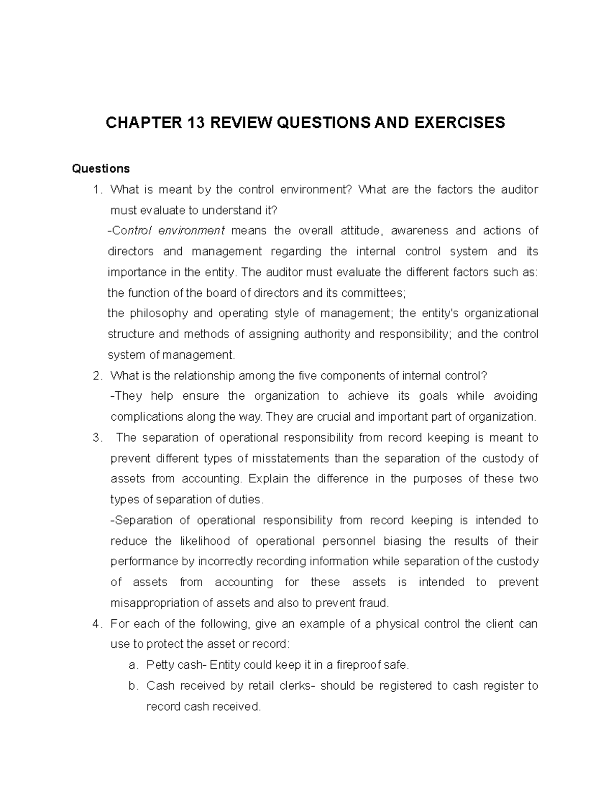 Chapter 13 Review Q&A: Internal Controls & Exercises - Studocu