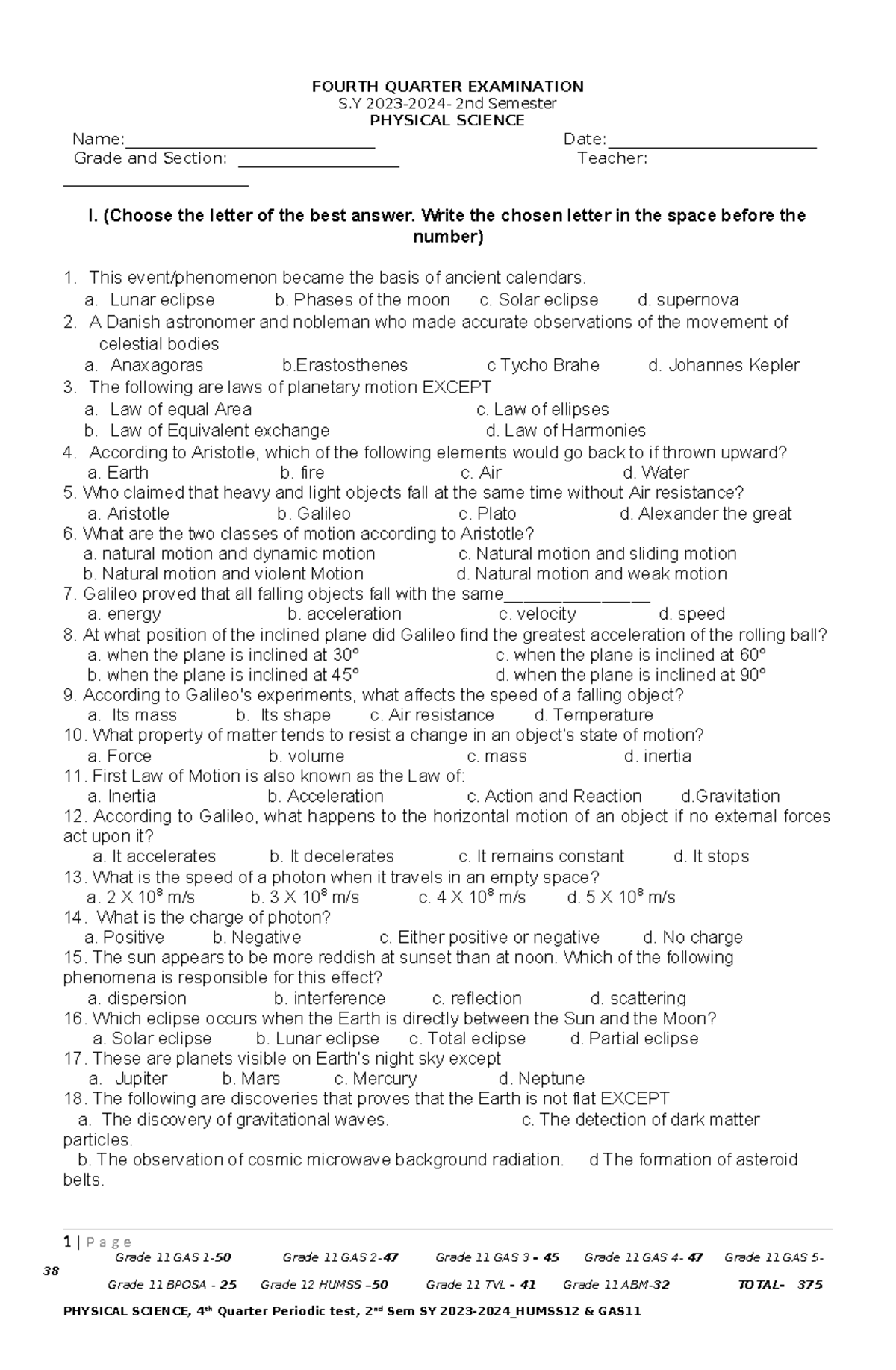 Final Exam Review: Physical Science (S.Y. 2023-2024) - Studocu