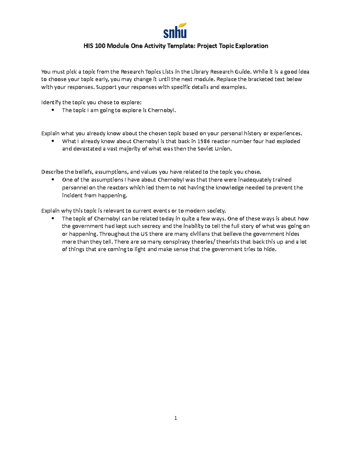 HIS100 1-2 - Assignment for classwork. - HIS 100 Module One Activity ...