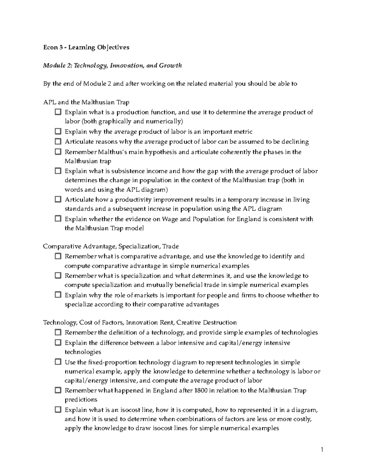 Econ 3 - Module 2 Learning Objectives: Tech, Growth, and Capital ...