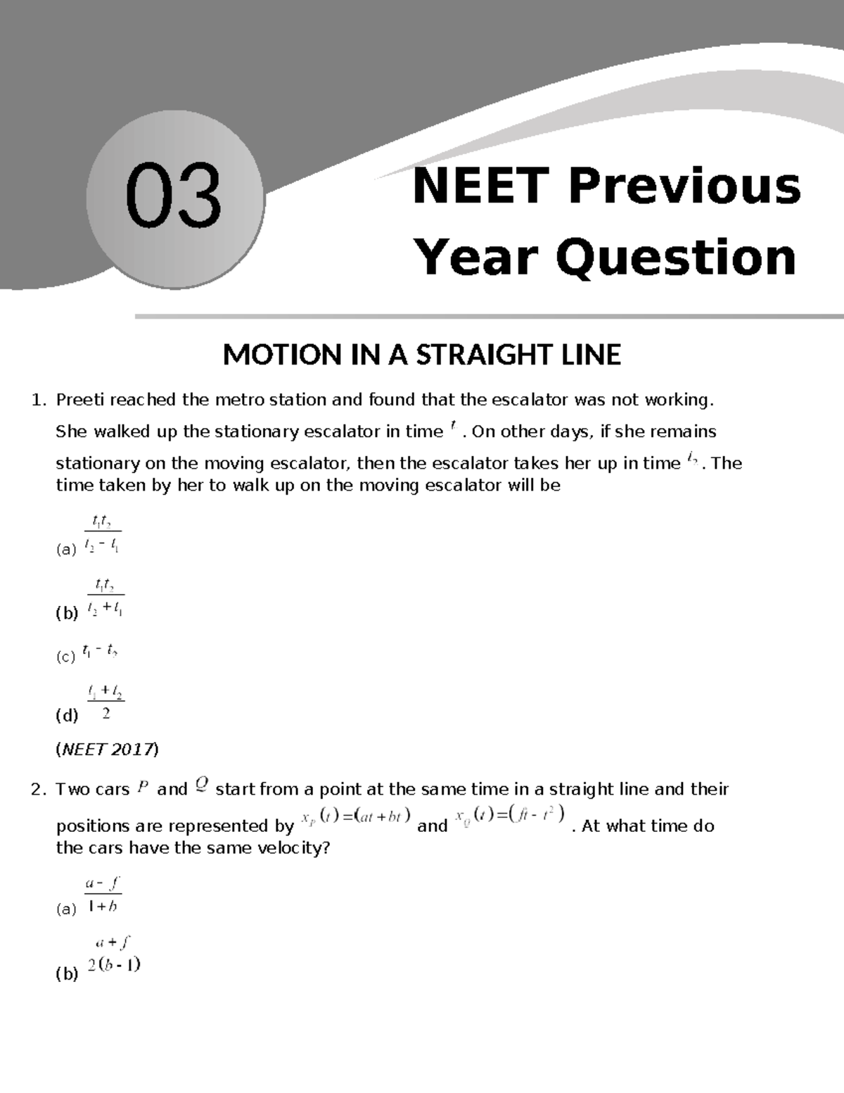 03 NEET Previous Year Questions: Motion in a Straight Line - Studocu