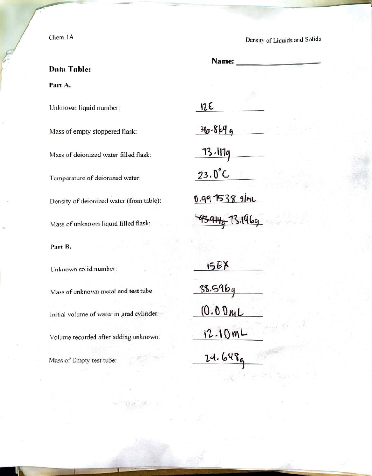 Chem IA Density of Liquids and Solids Lab Report - Studocu