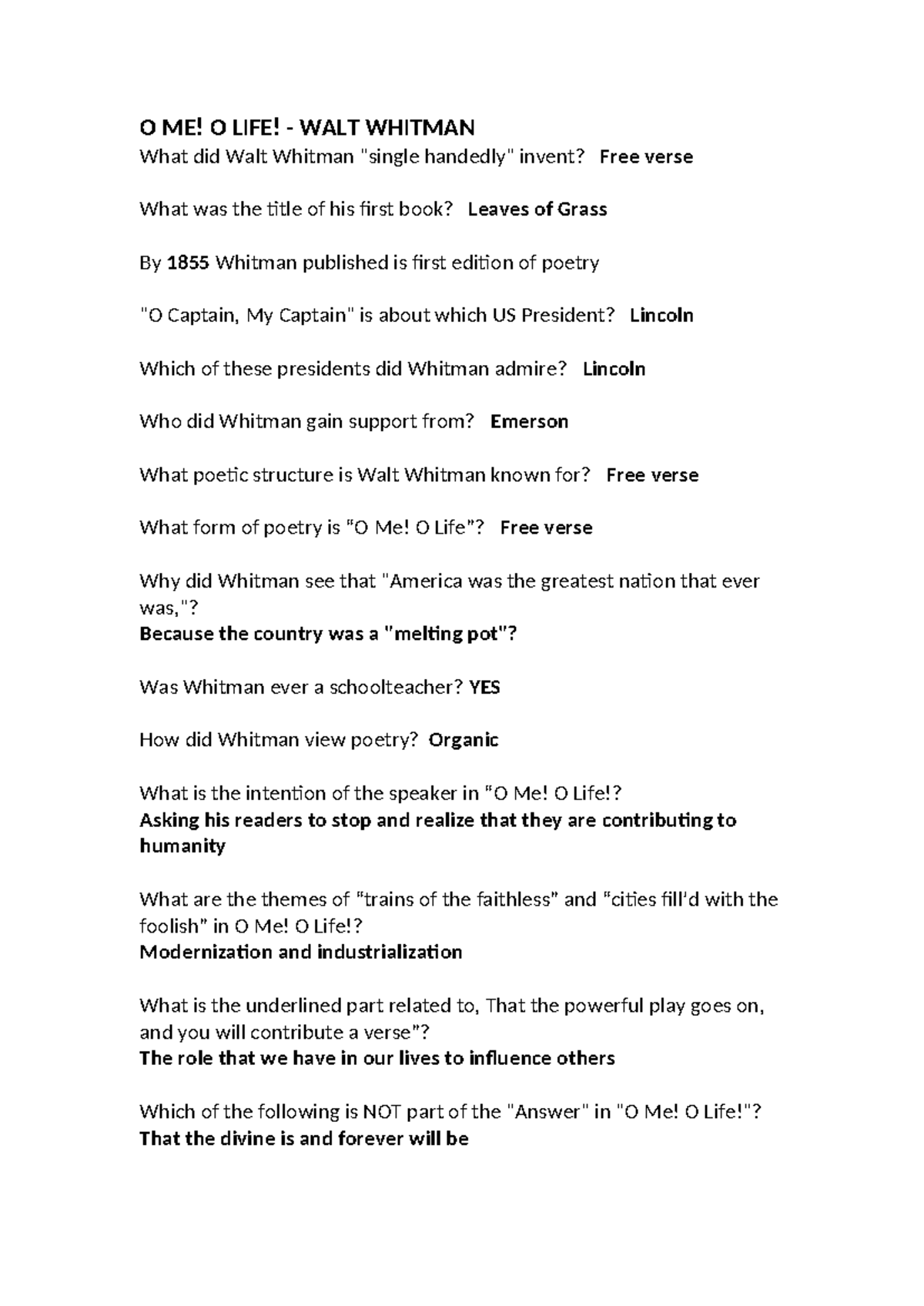 O-ME: Study Notes on Walt Whitman’s “O Me! O Life!” for Lit Exams - Studocu