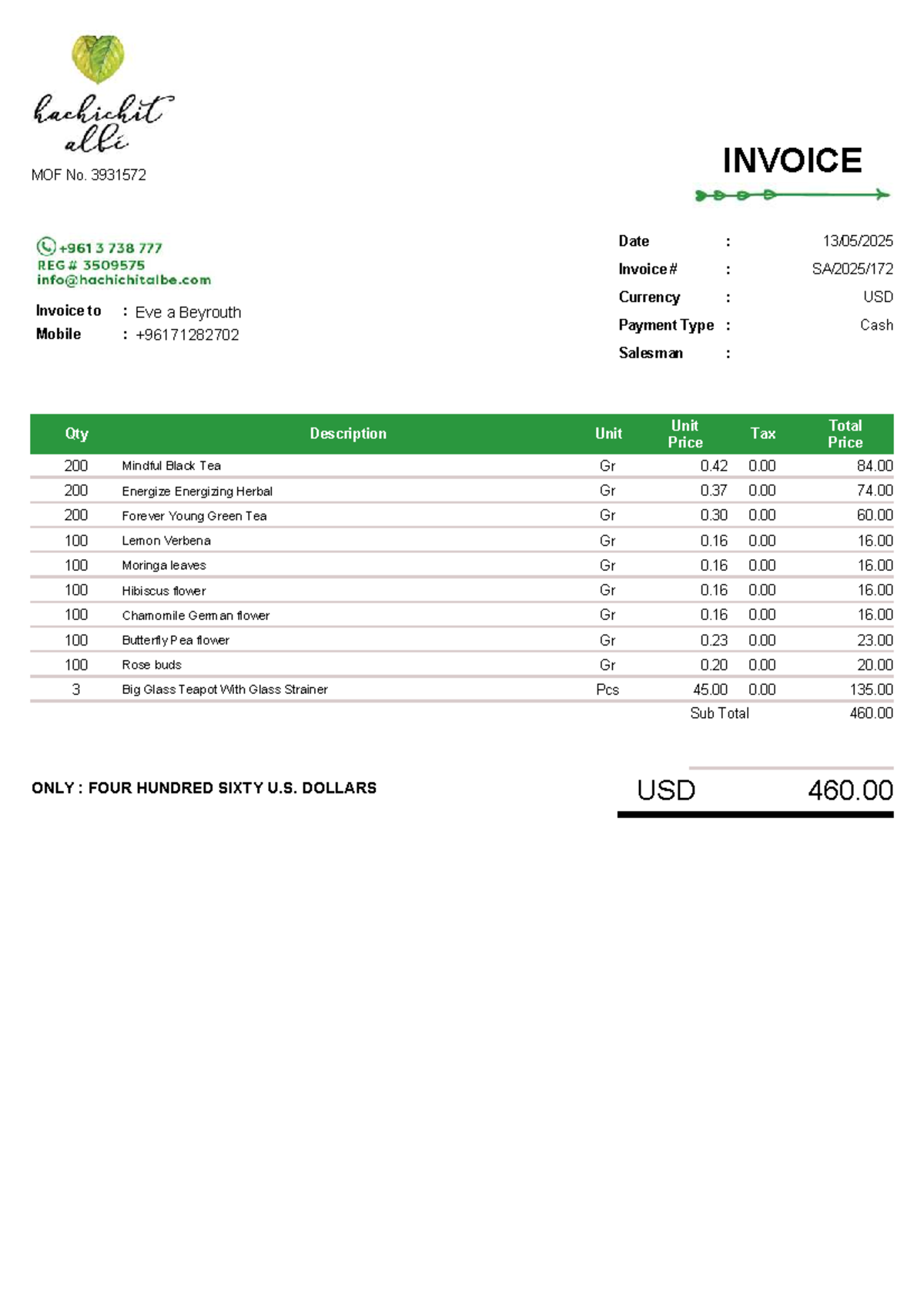 Invoice MOF No. 3931572 for Eve A. Beyrouth - Total: $460 USD - Studocu