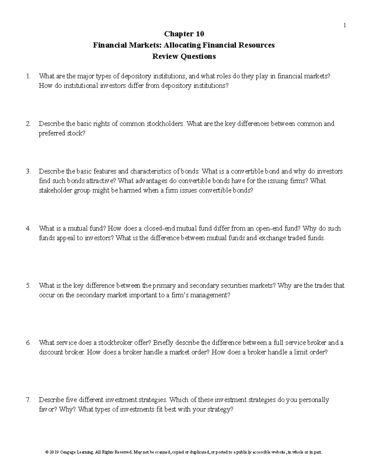 Chapter 10 Review Questions for Financial Markets Exam (FIN 101) - Studocu