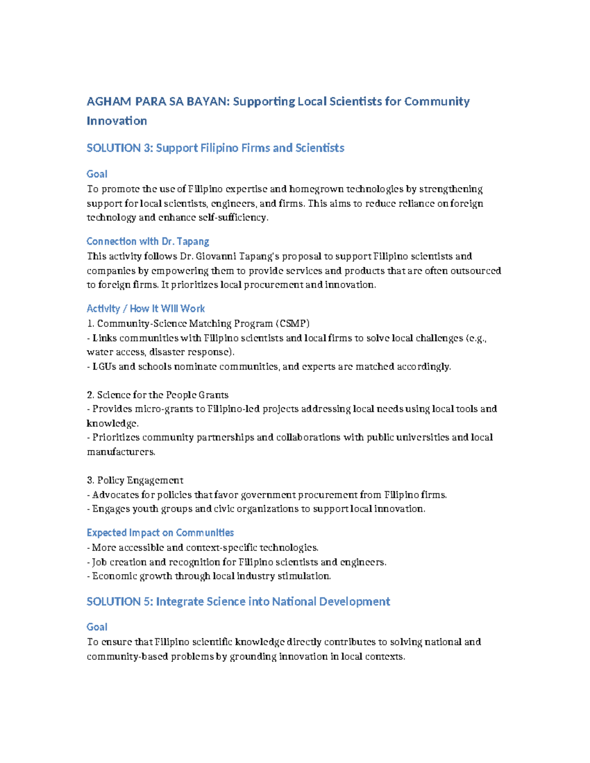 AGHAM PARA SA BAYAN: Project Proposal for Solutions 3 & 5 - Studocu
