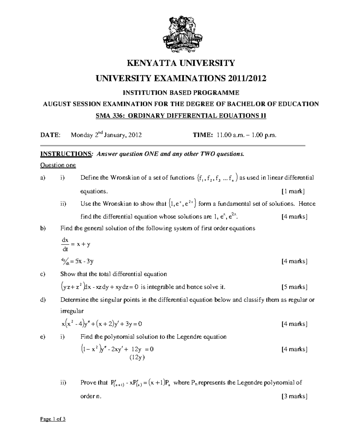 SMA 336: Lecture Notes on Ordinary Differential Equations II (2012 ...
