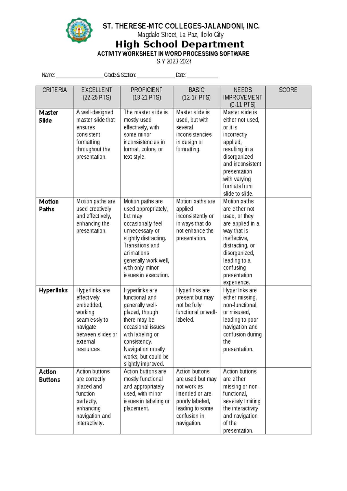 Activity Worksheet: Creating a PowerPoint Presentation on Student Life ...