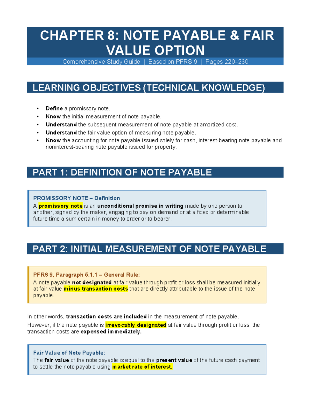CHAPTER 8: NOTE PAYABLE FAIR VALUE OPTION Study Guide PFRS 9 - Studocu