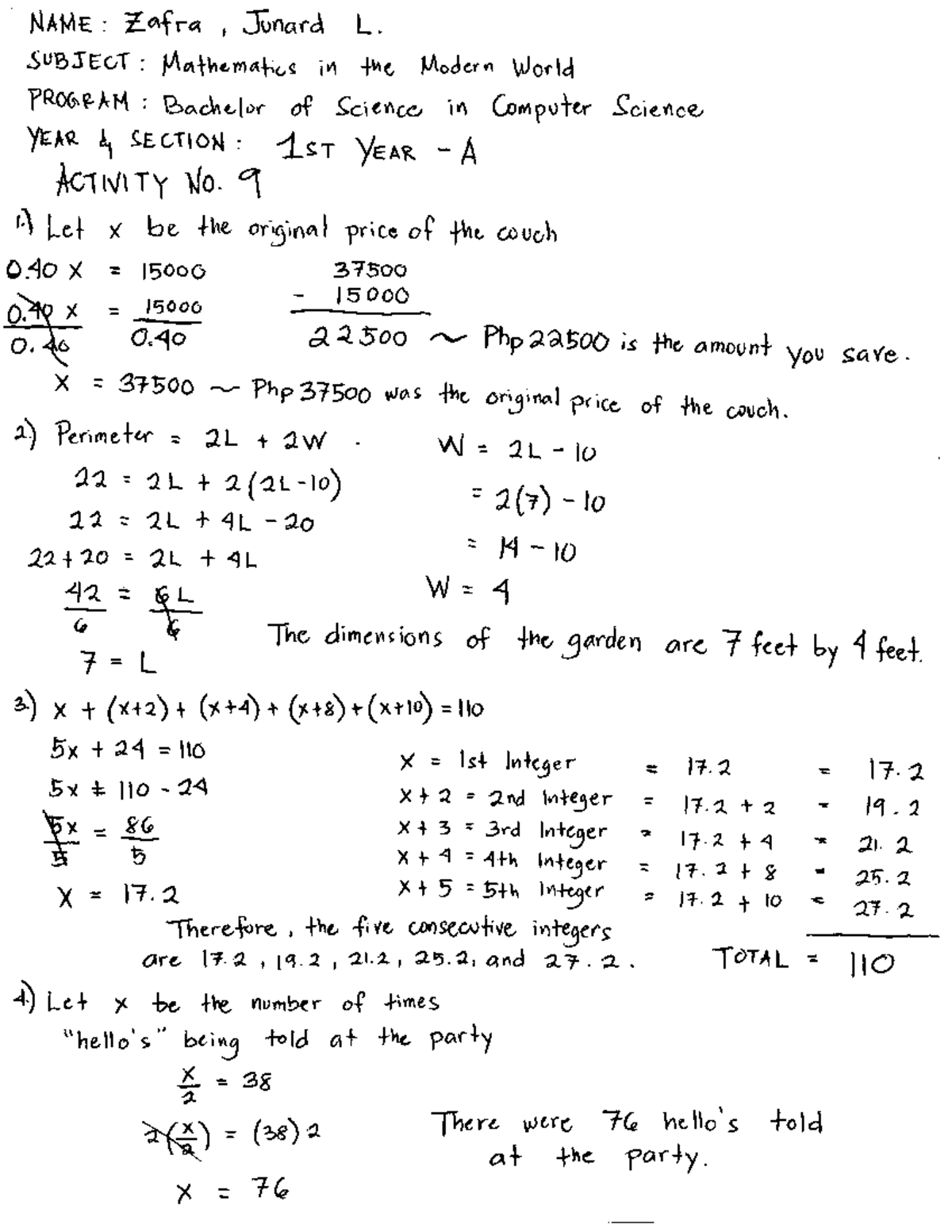 Mathematics in the Mod World: Activity 9 Insights and Concepts - Studocu