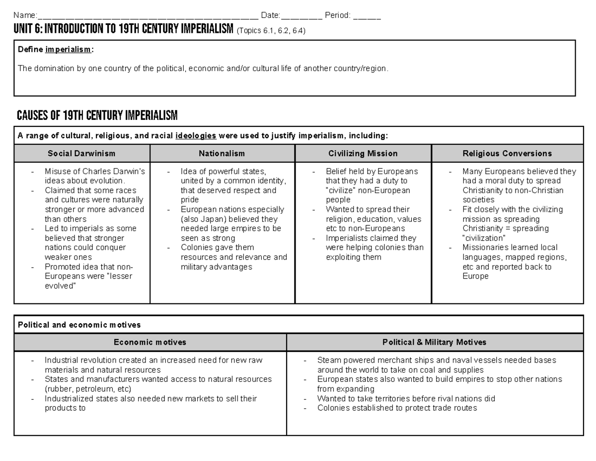 Unit 6: 19th Century Imperialism Overview & Key Concepts - Studocu