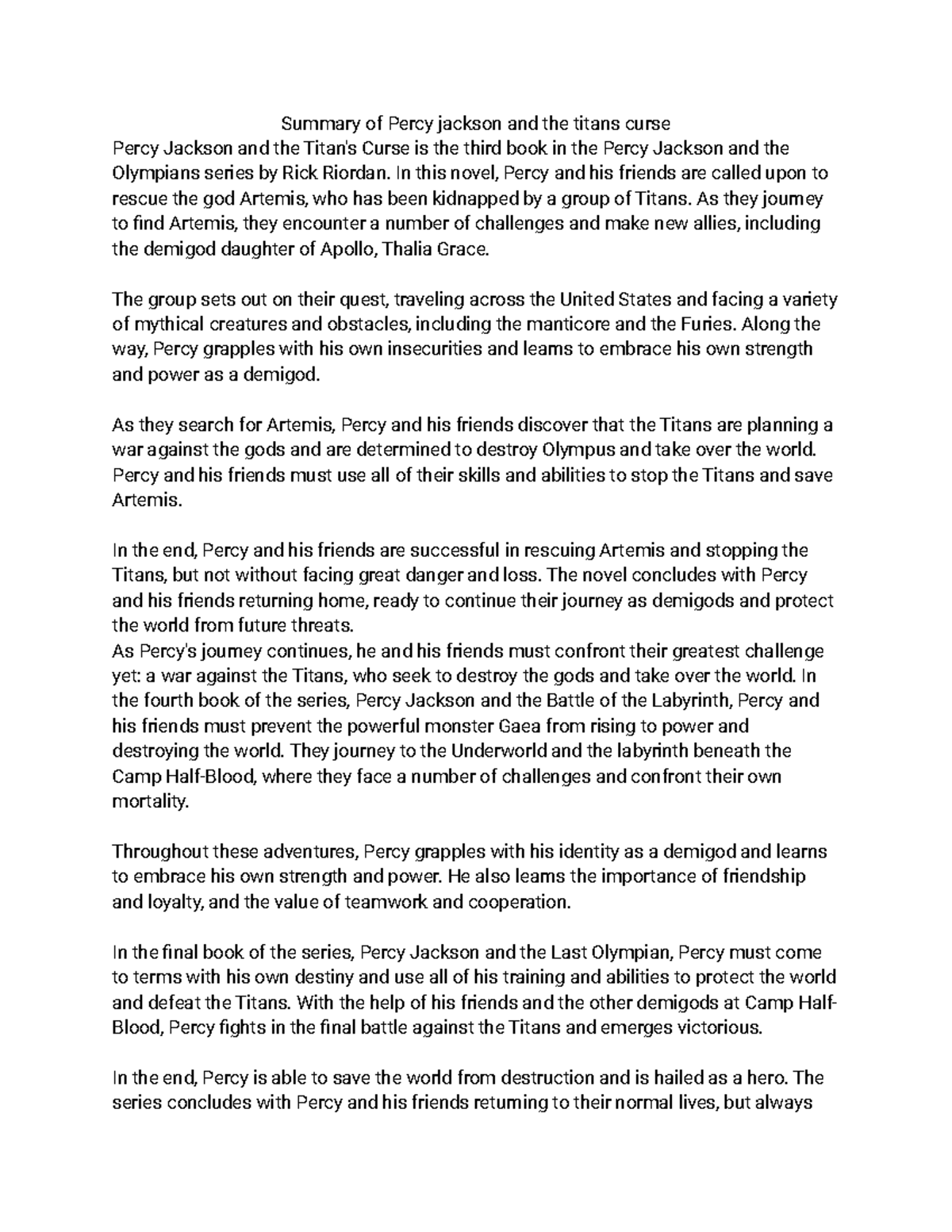 Summary of Percy Jackson & the Titan's Curse - Book 3 Overview - Studocu