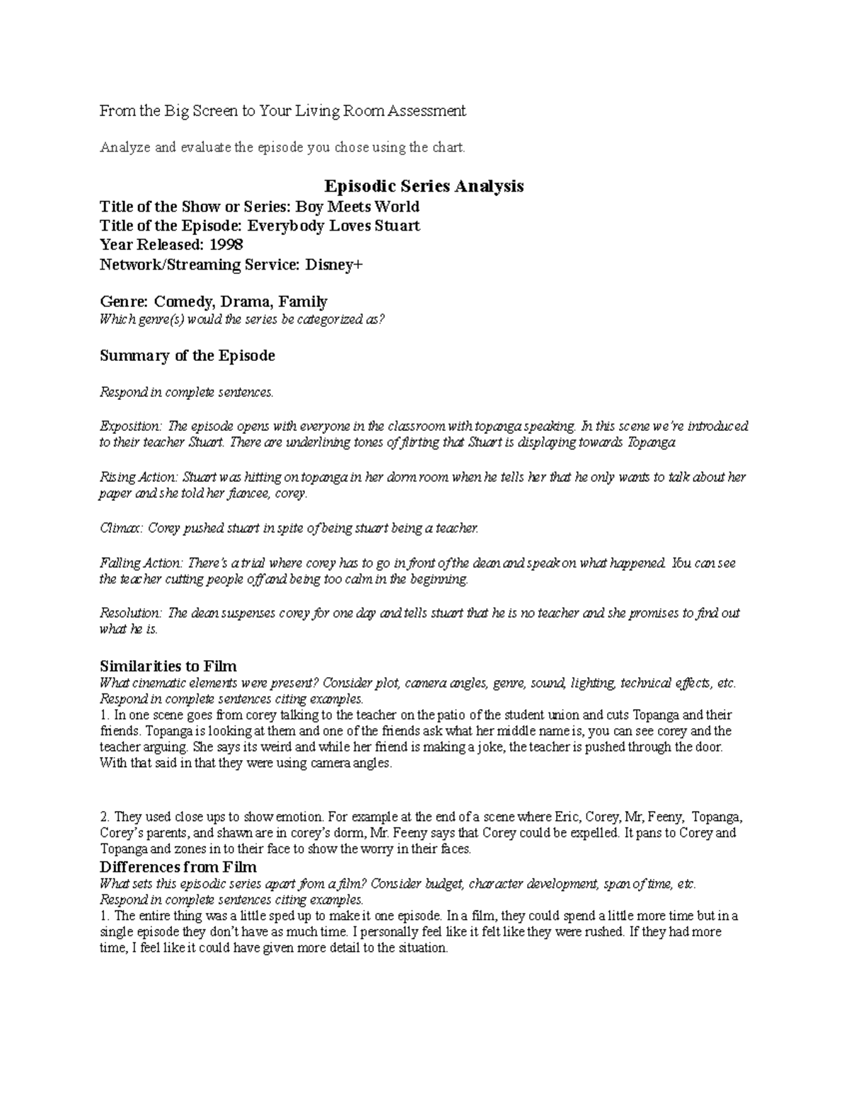 Assessment on "Boy Meets World" Episode: Everybody Loves Stuart - Mod 2 ...
