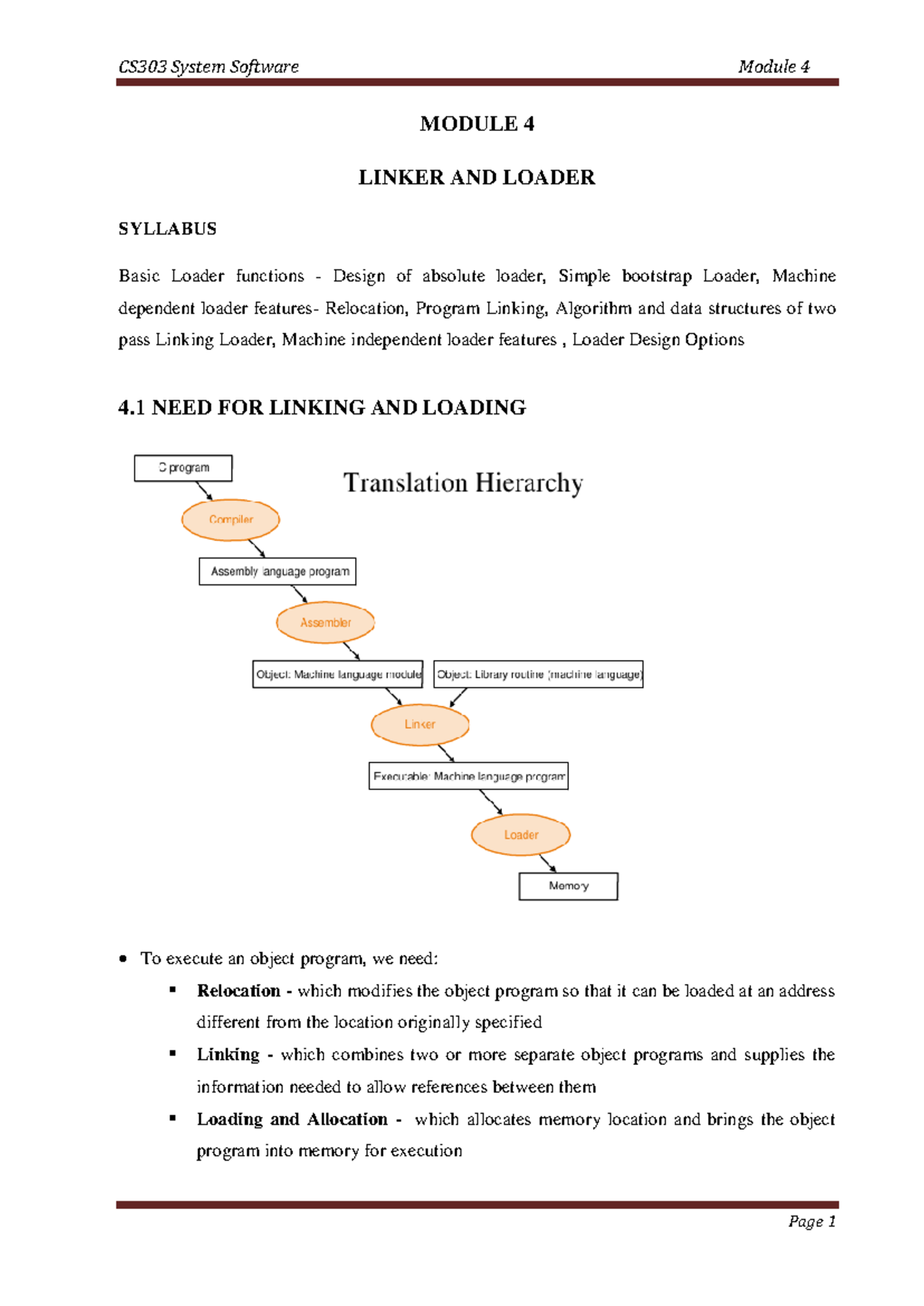 Module 4 - system software - MODULE 4 LINKER AND LOADER SYLLABUS Basic Loader functions - Design ...