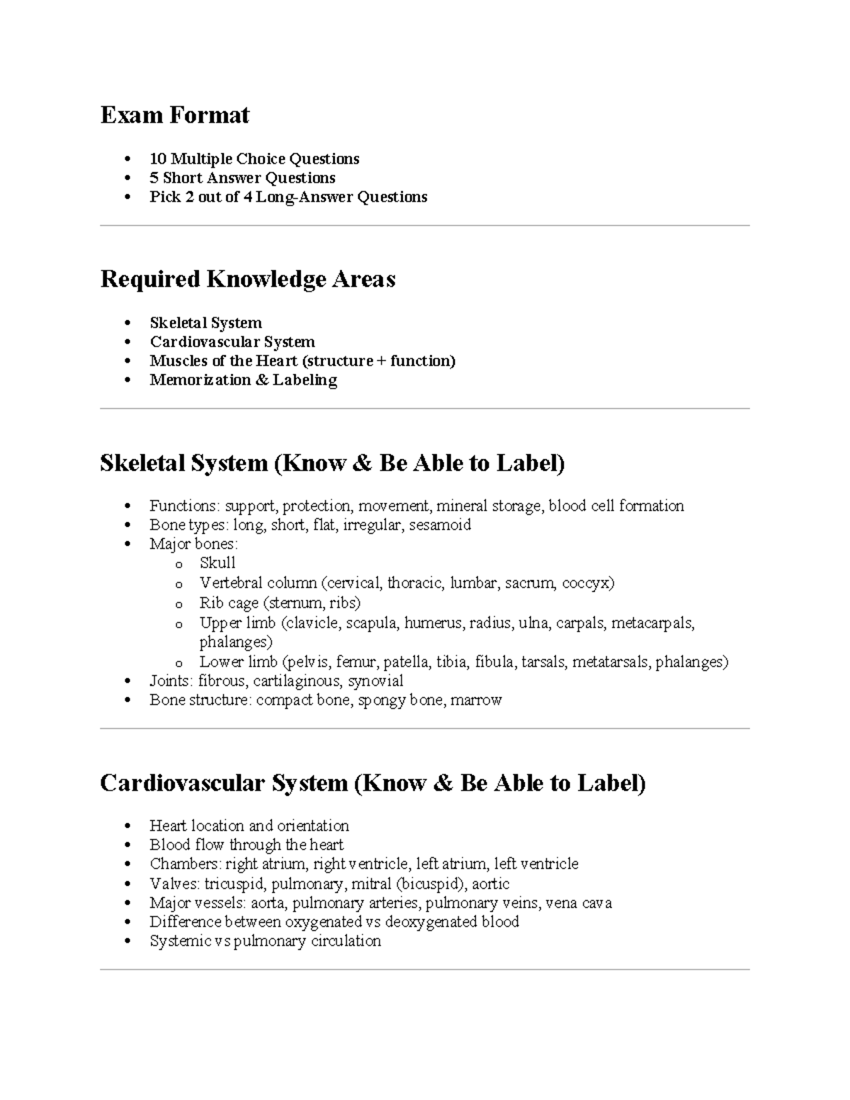 Quiz 1 Format: 10 MCQs & 5 Short Answers on Skeletal & Cardiovascular ...