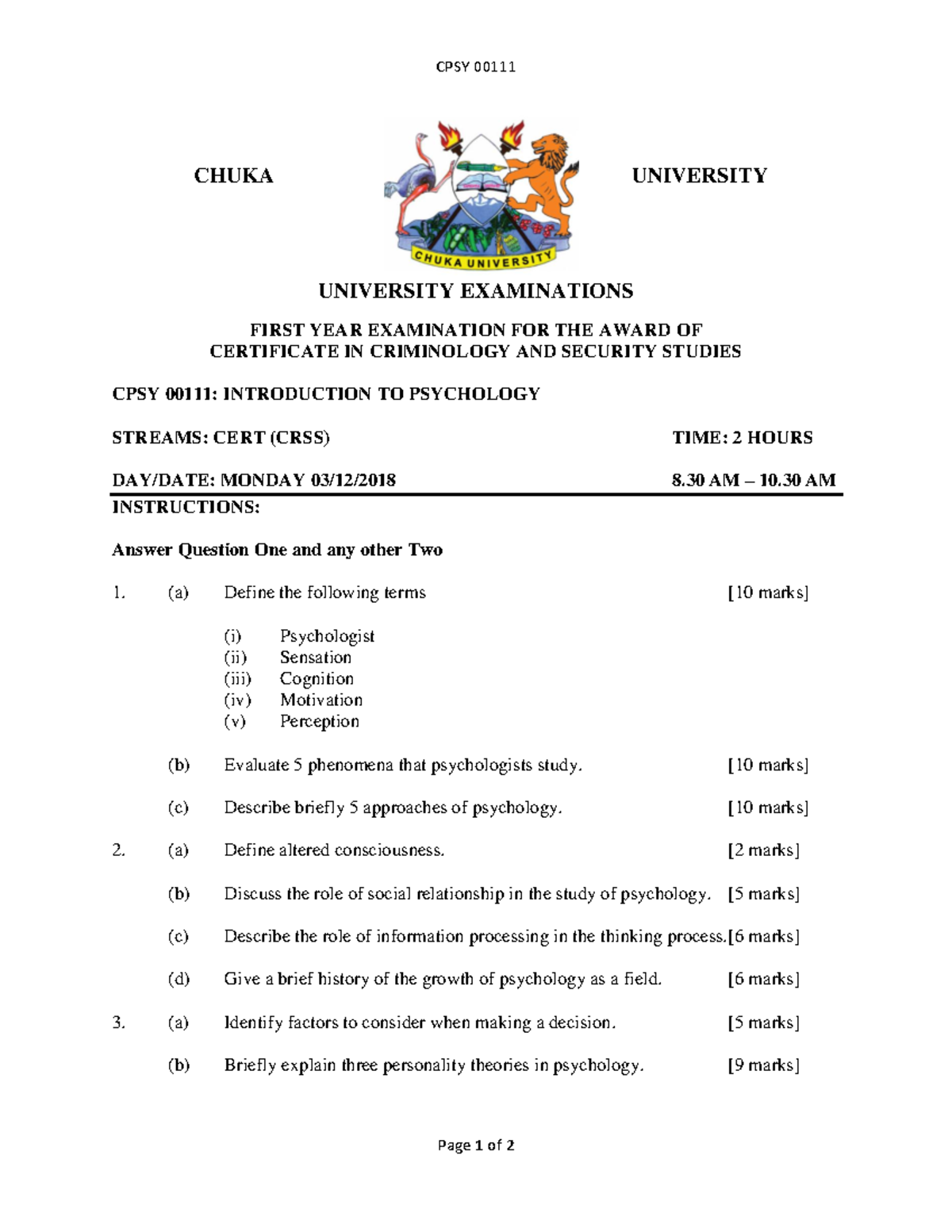 CPSY 00111 - Introduction to Psychology Revision Papers for Exams - Studocu