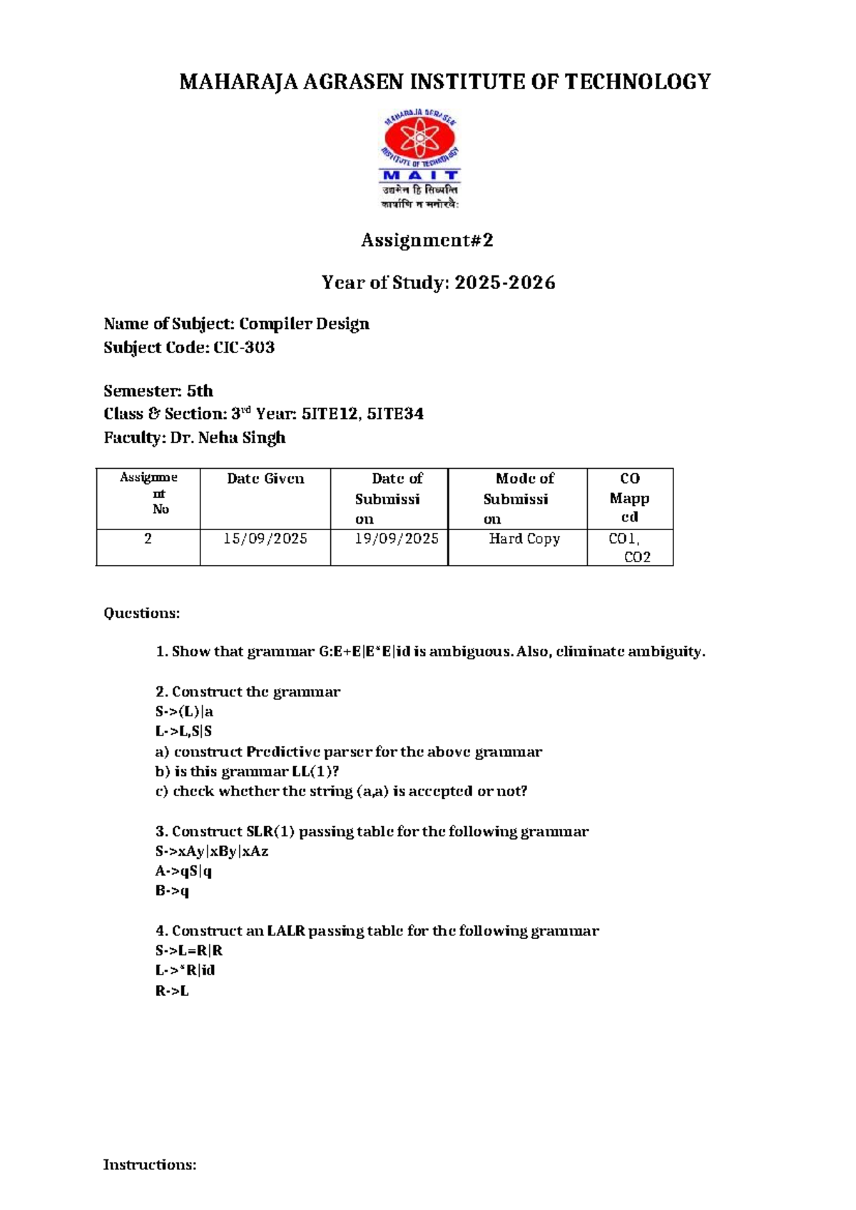 Compiler Design Assignment-2 (5ITE12, 5ITE34) - Studocu