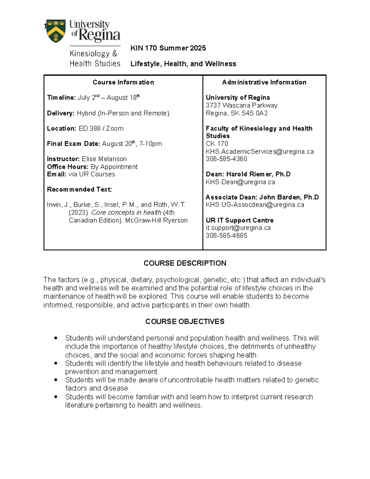 KIN 170 Syllabus - Summer 2025: Health and Wellness Overview - Studocu