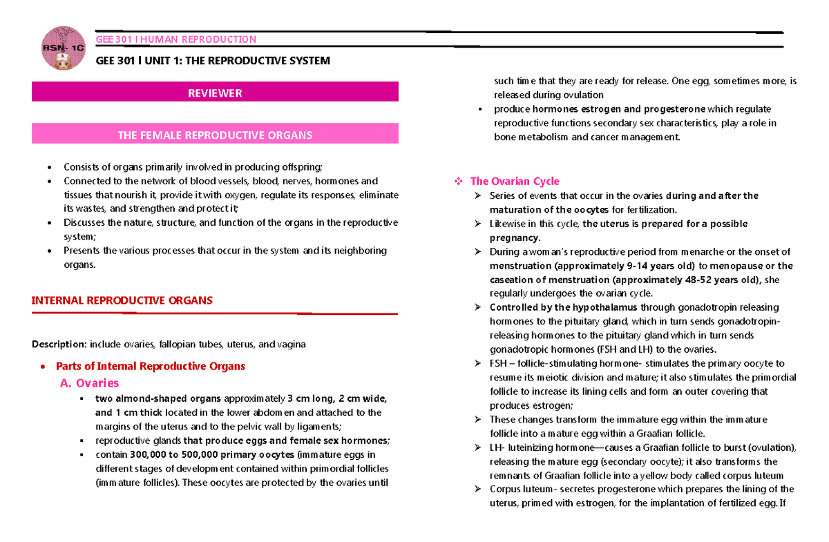 GEE-301 Human Reproduction: Comprehensive Study Guide - Studocu
