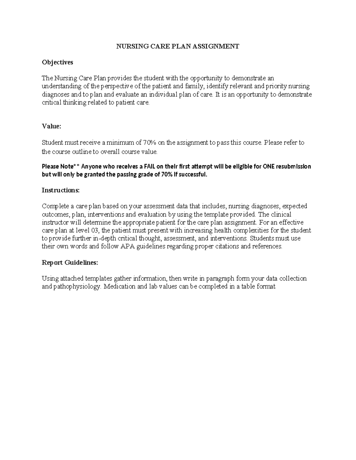 NURS 303 Nursing Care Plan Assignment: Guidelines & Objectives - Studocu