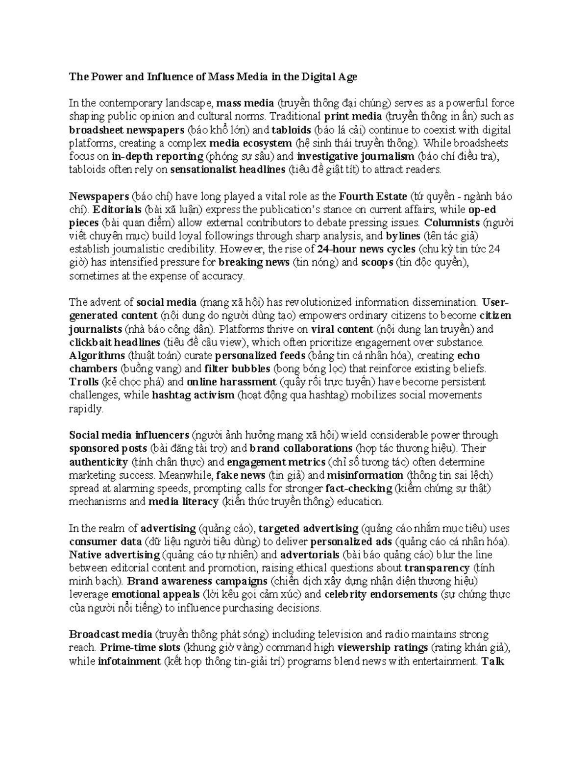 Mass Media in the Digital Age: Influence and Challenges - Studocu