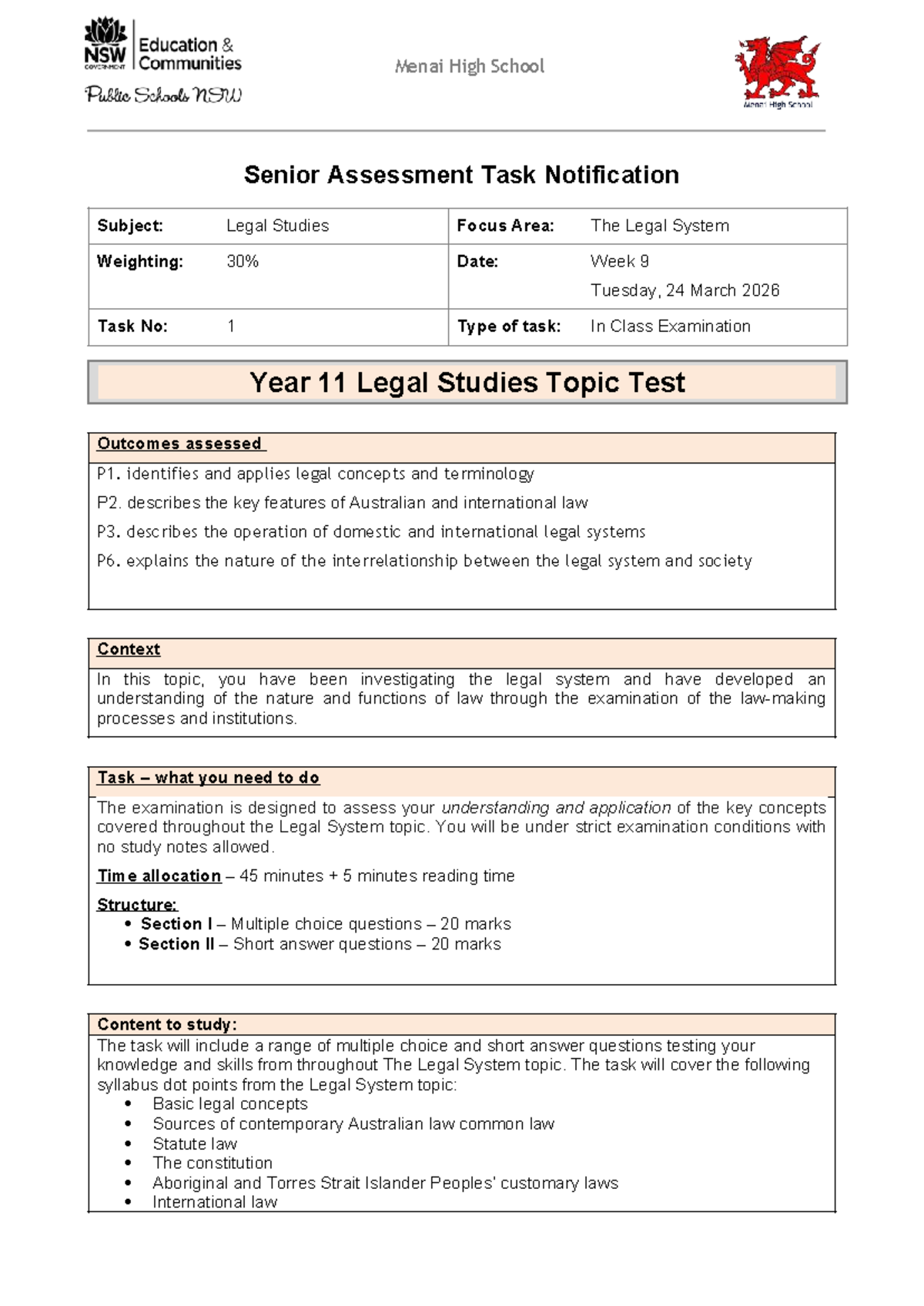 11 Legal Studies Trial HSC Exam Notification - Week 9 2026 - Studocu