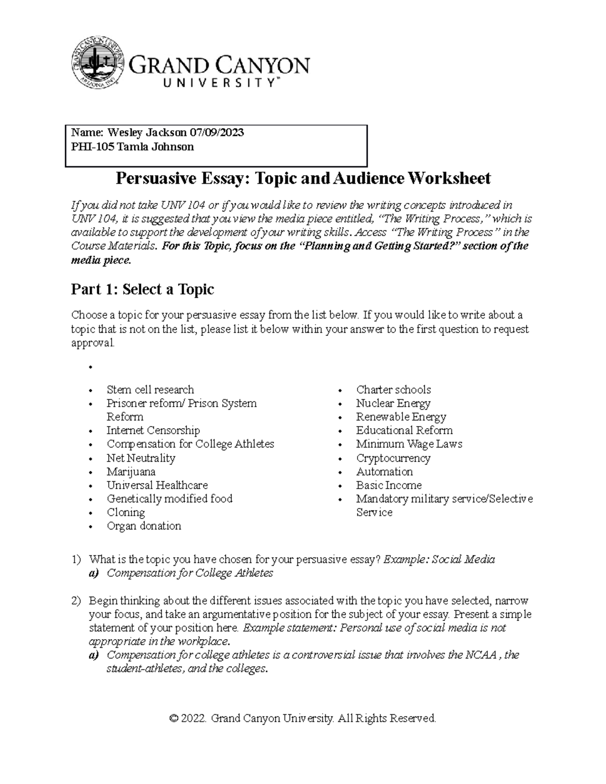 PHI-105 Persuasive Essay Topic & Audience Analysis Worksheet - Studocu