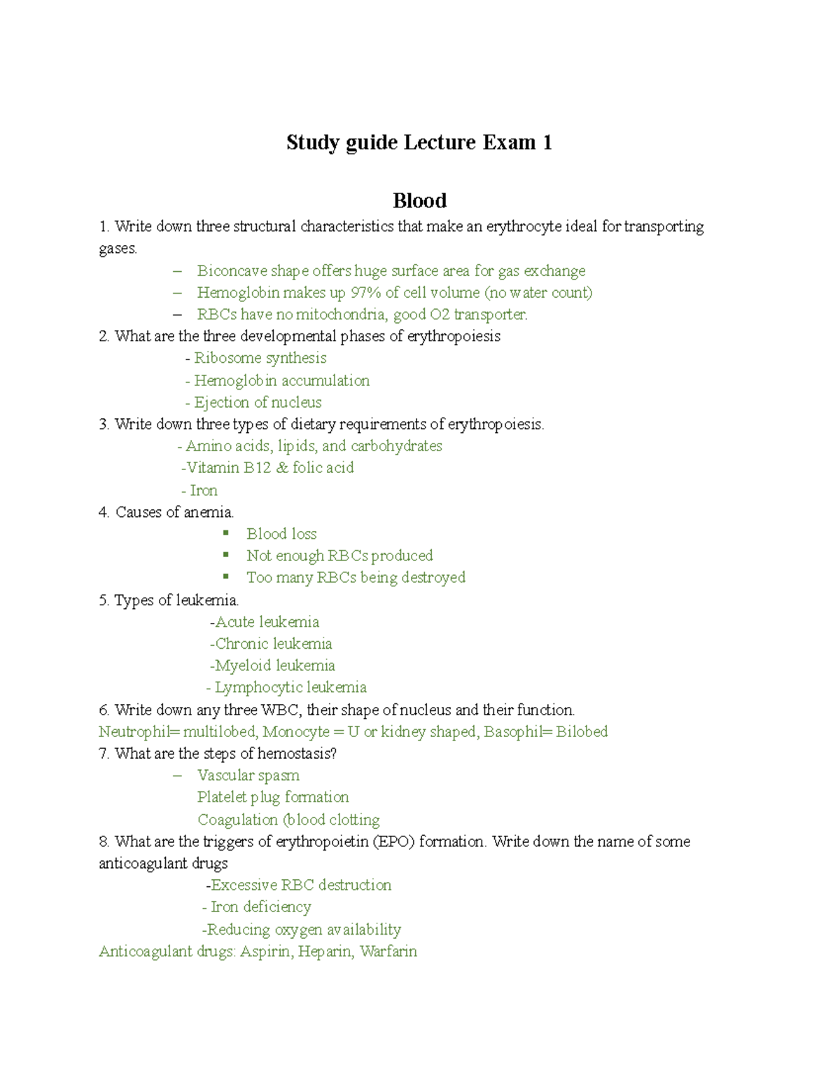 Study Guide: Lecture Exam 1 - Blood & Endocrine System Insights - Studocu