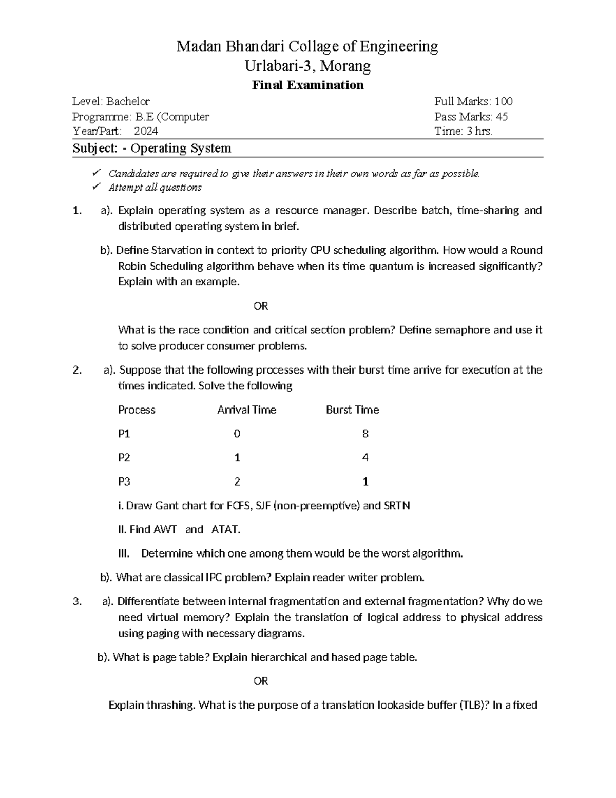 Operating System B.E. Final Exam 2024 - Comprehensive Guide - Studocu