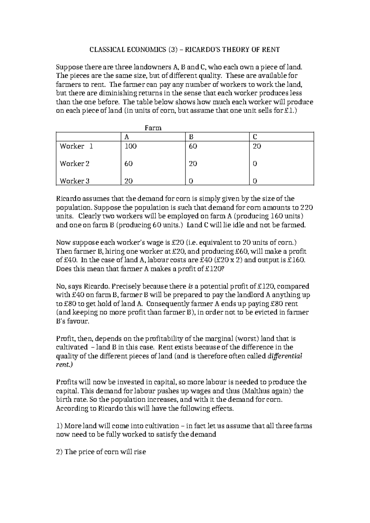Handout 06 - NOTES - CLASSICAL ECONOMICS (3) – RICARDO’S THEORY OF RENT ...