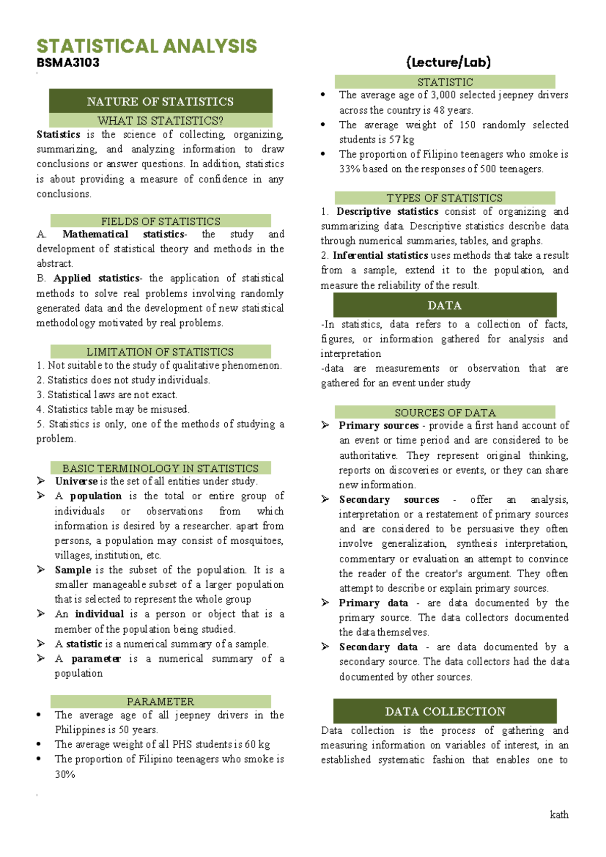 Statistical Analysis Overview and Key Concepts - BSMA3103 - Studocu