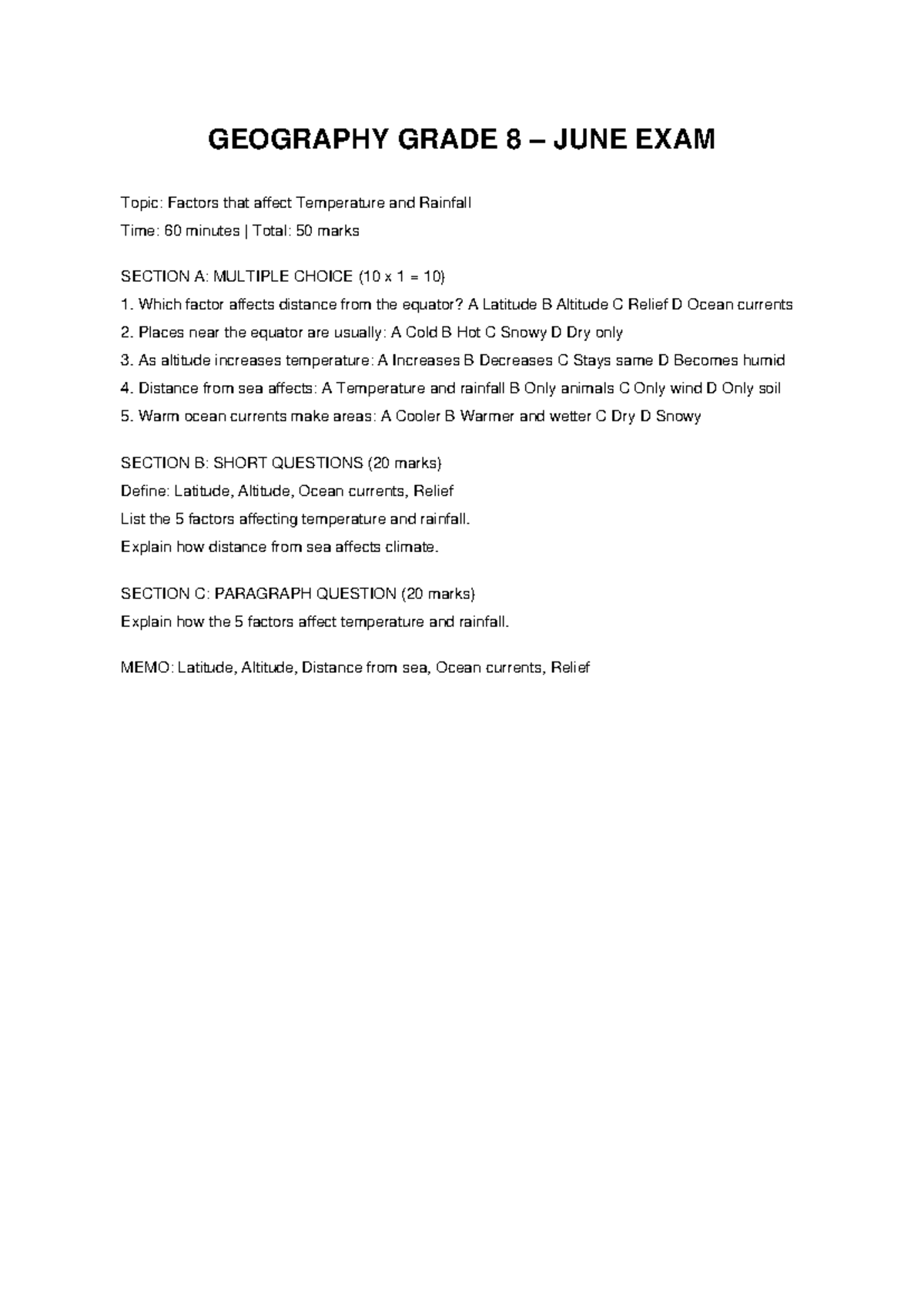 Grade 8 Geography June Exam: Climate Factors & Their Effects - Studocu