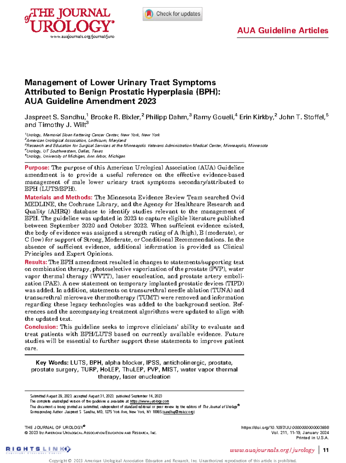 AUA Guideline Amendment 2023: Managing LUTS from BPH - Studocu