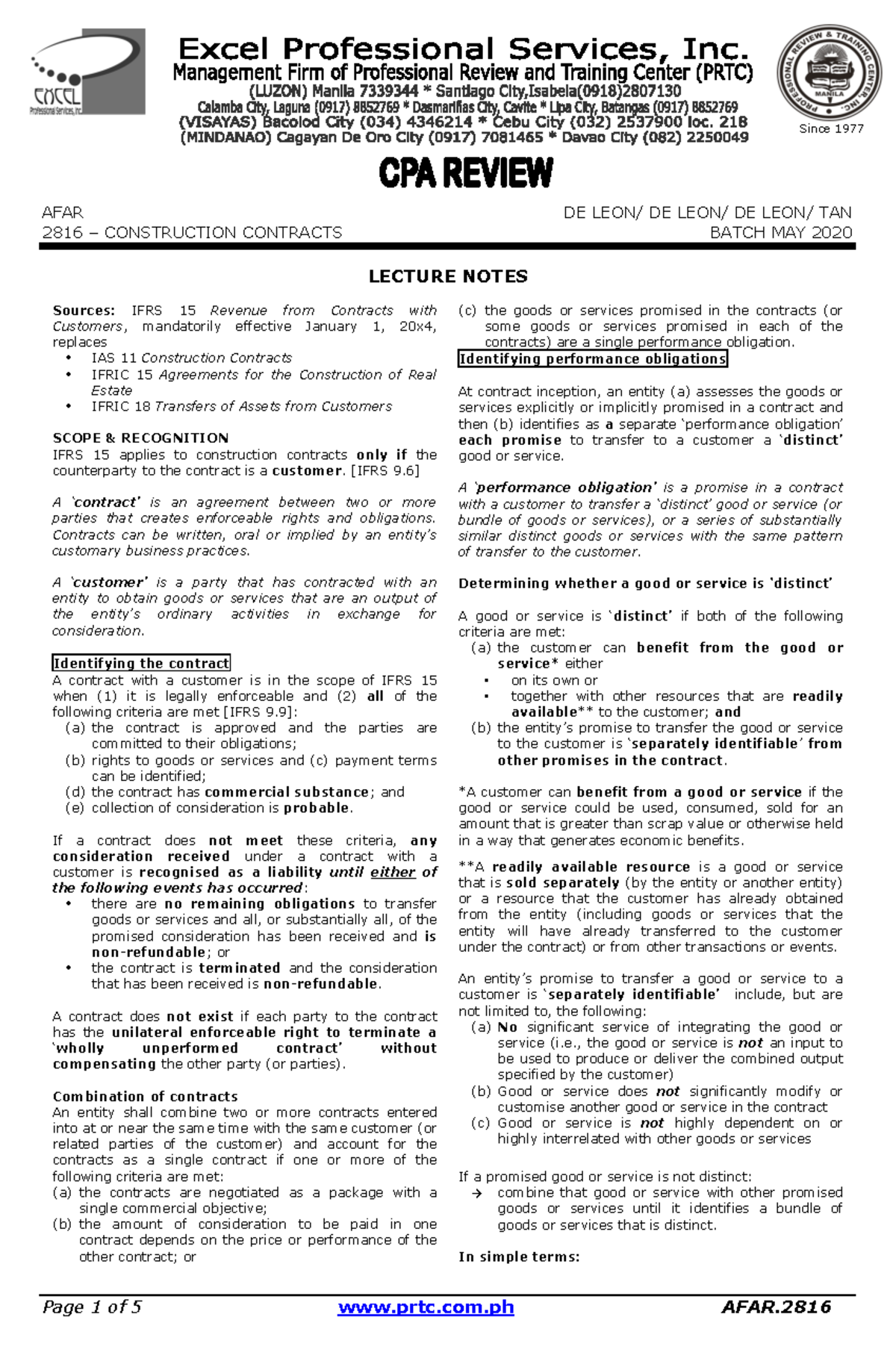 Afar 2816 Lecture Notes Long Term Construction Contracts Overview