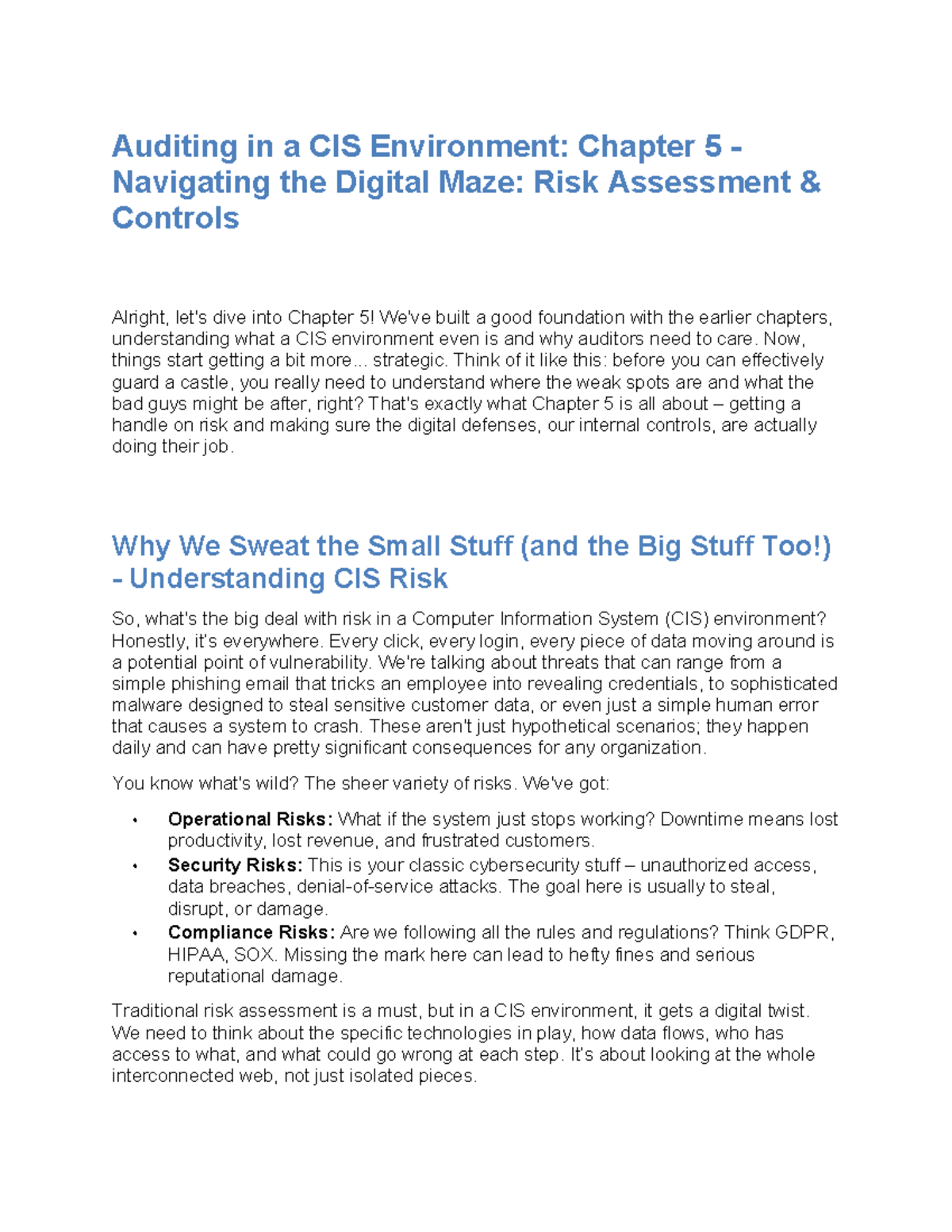 Auditing CIS Environments: Chapter 5 Risk Assessment Controls - Studocu