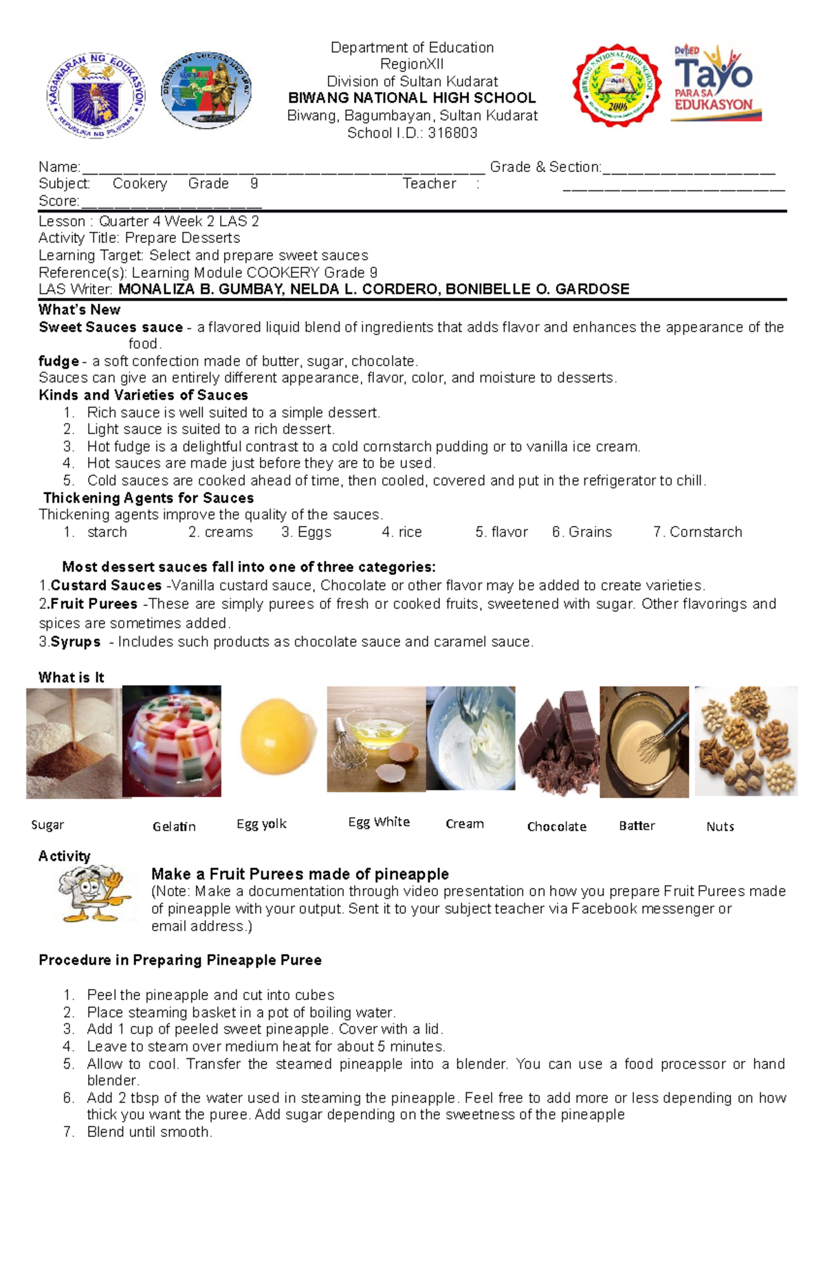 LAS cookery grade 9 - Learning activity sheets - Department of ...