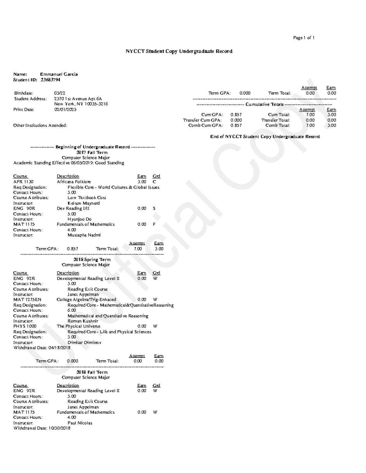 NYCCT Undergraduate Record - Emmanuel Garcia (CS Major) - Studocu