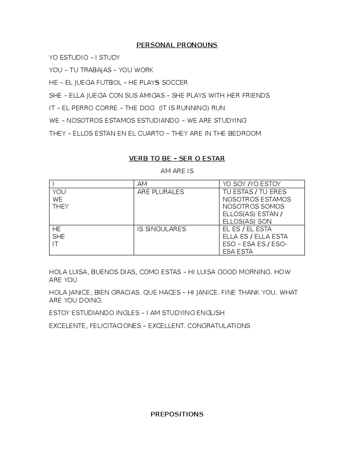 Greetings, VERB TO BE, Prepositions - PERSONAL PRONOUNS YO ESTUDIO – I ...