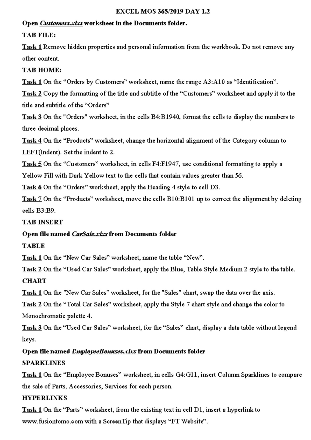 EXCEL 365/2019 MOS MOCK TEST 1: Practical Tasks and Guidelines - Studocu