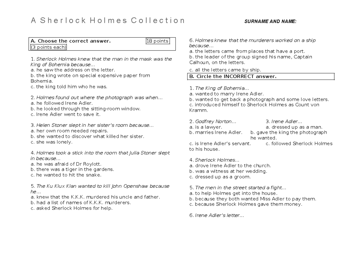 Sherlock Holmes Collection Reader TEST A: Evaluation and Analysis - Studocu