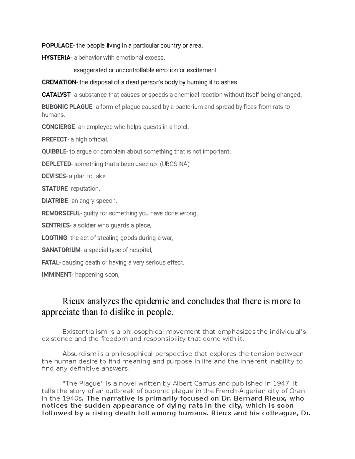 Plague - Lesson Plan for CH 101: Exploring Camus' Thematic Depths - Studocu