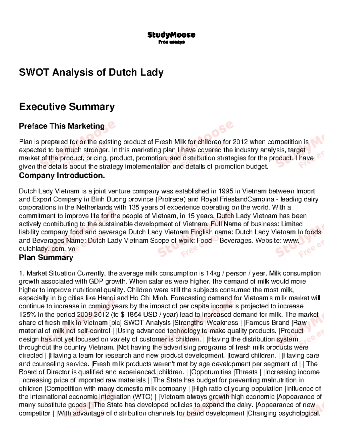 SWOT Analysis of Dutch Lady - SWOT Analysis of Dutch Lady Executive ...