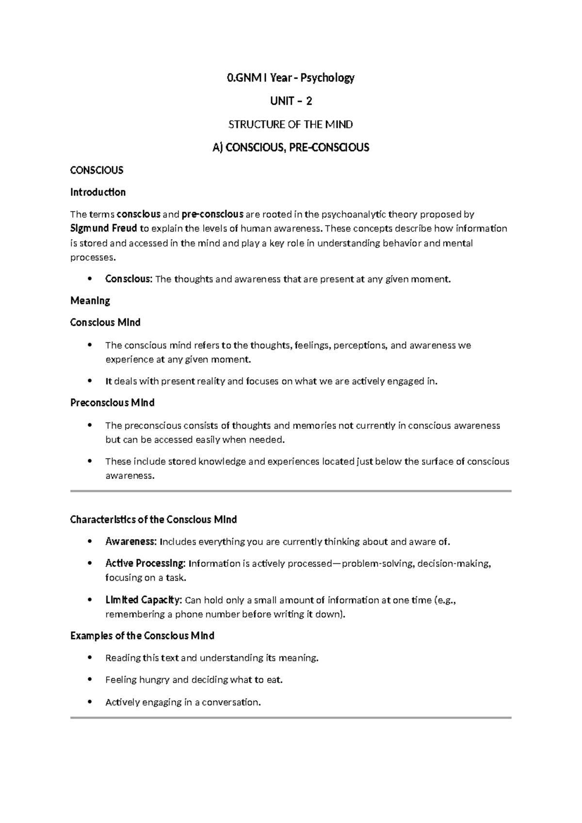 GNM I Year Psychology: Unit 2 - Structure of the Mind Analysis - Studocu