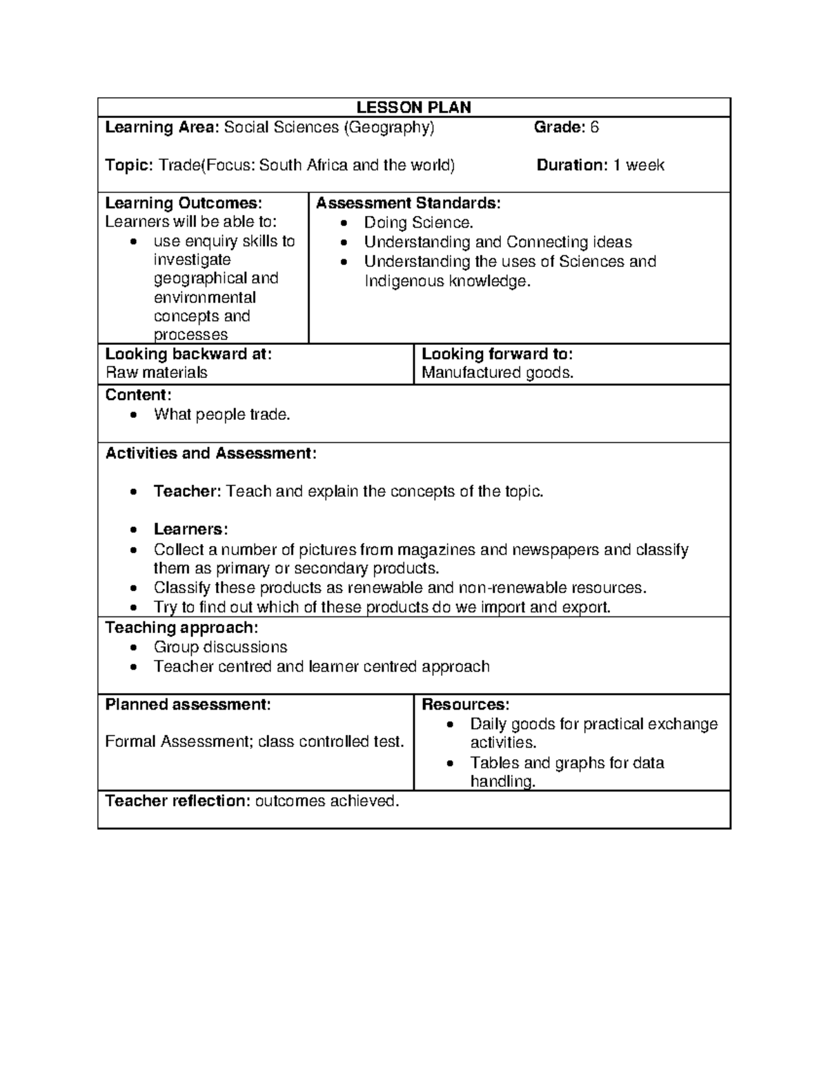 Grade 6 Social Sciences Lesson Plan on Trade: South Africa & World ...