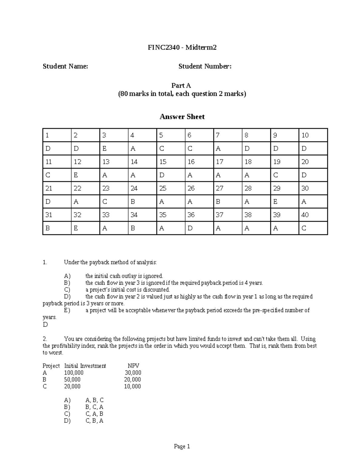 FINC2340 Midterm 2A Complete Solutions and Answer Key - Studocu