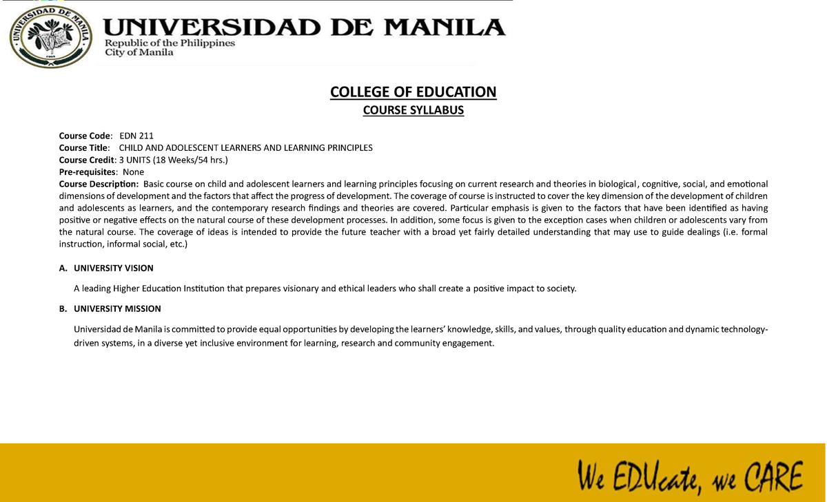 EDN 211: Child and Adolescent Learners & Learning Principles Syllabus - Studocu