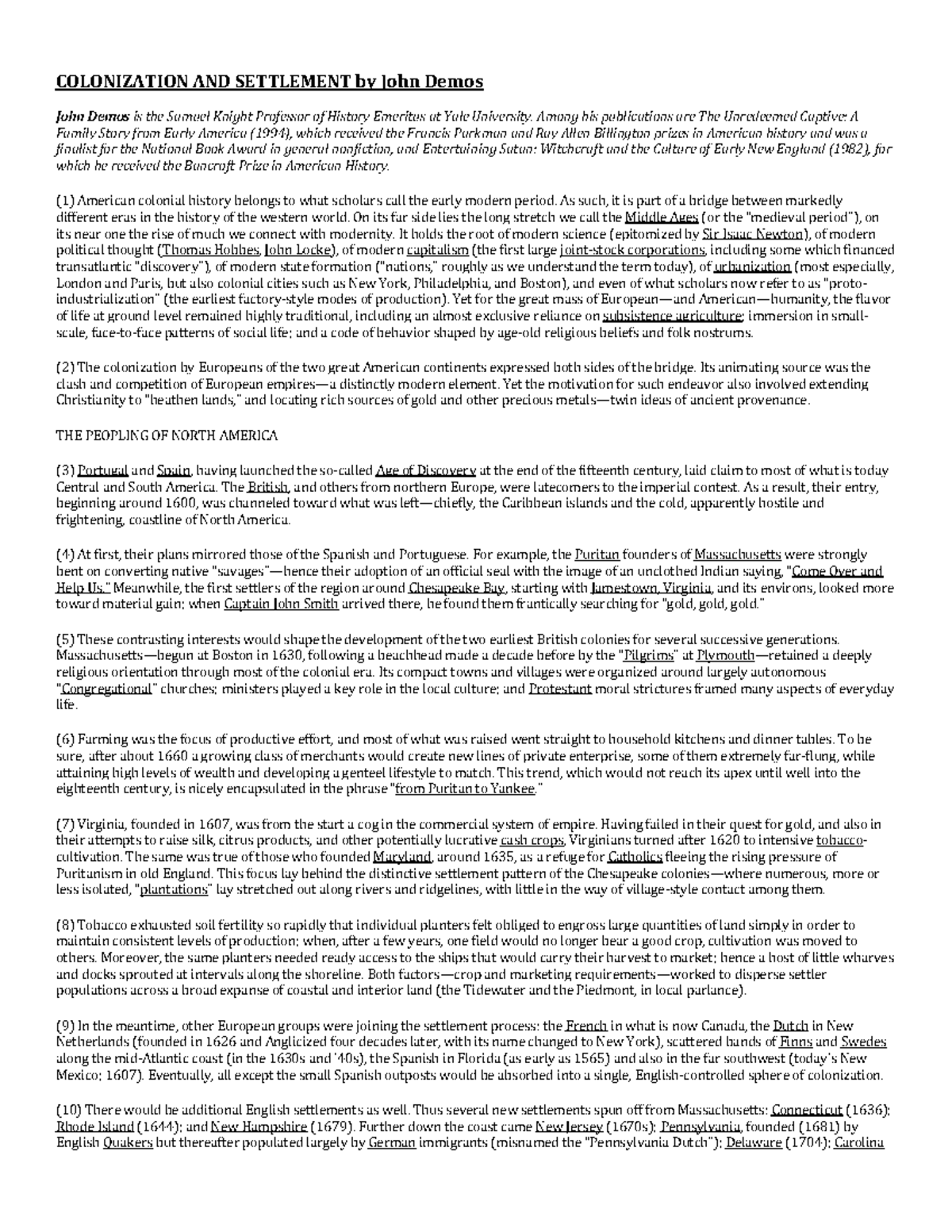 HIST 101: Colonization and Settlement in Early America - Demos Essay ...