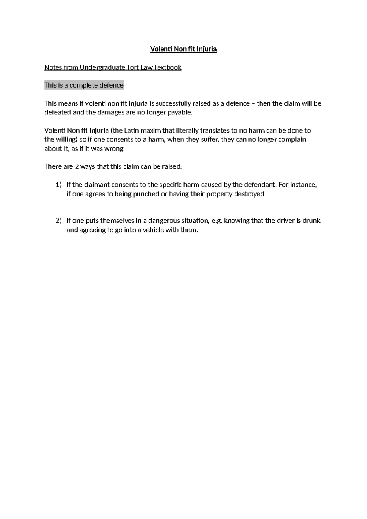 Tort Law Notes: Volenti Non Fit Injuria Defense Explained - Studocu