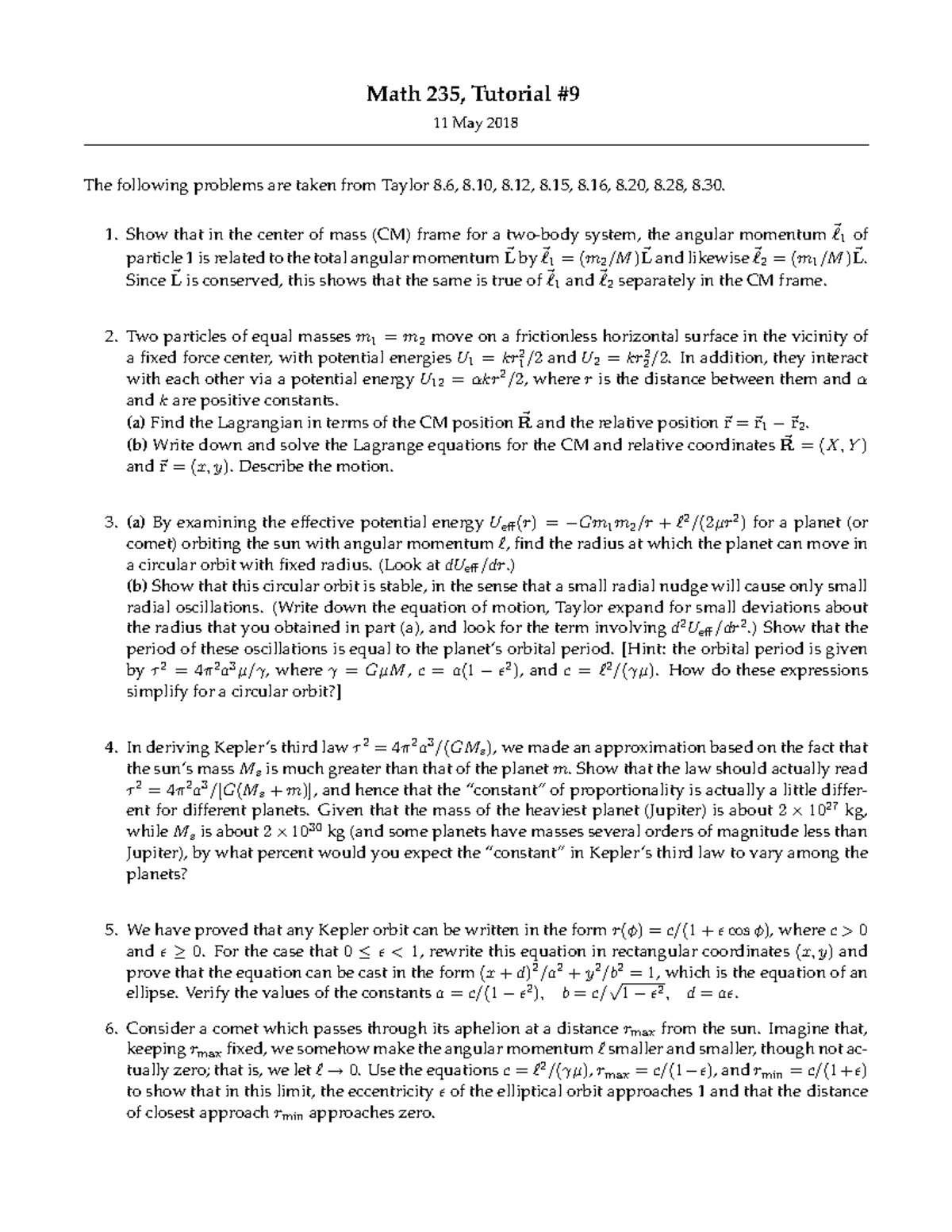 Math 235 - Tutorial 09: Angular Momentum & Kepler Orbits Analysis - Studocu